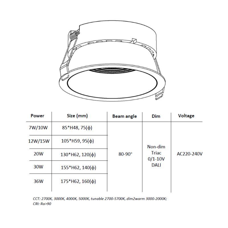 Recessed SMD LED Downlight 200lm/W Power 7W to 36W